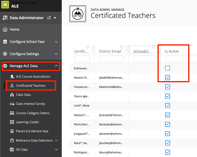 ALE CONNECT Application: Activating/ Deactivating Certificated Teachers – School Data Solutions